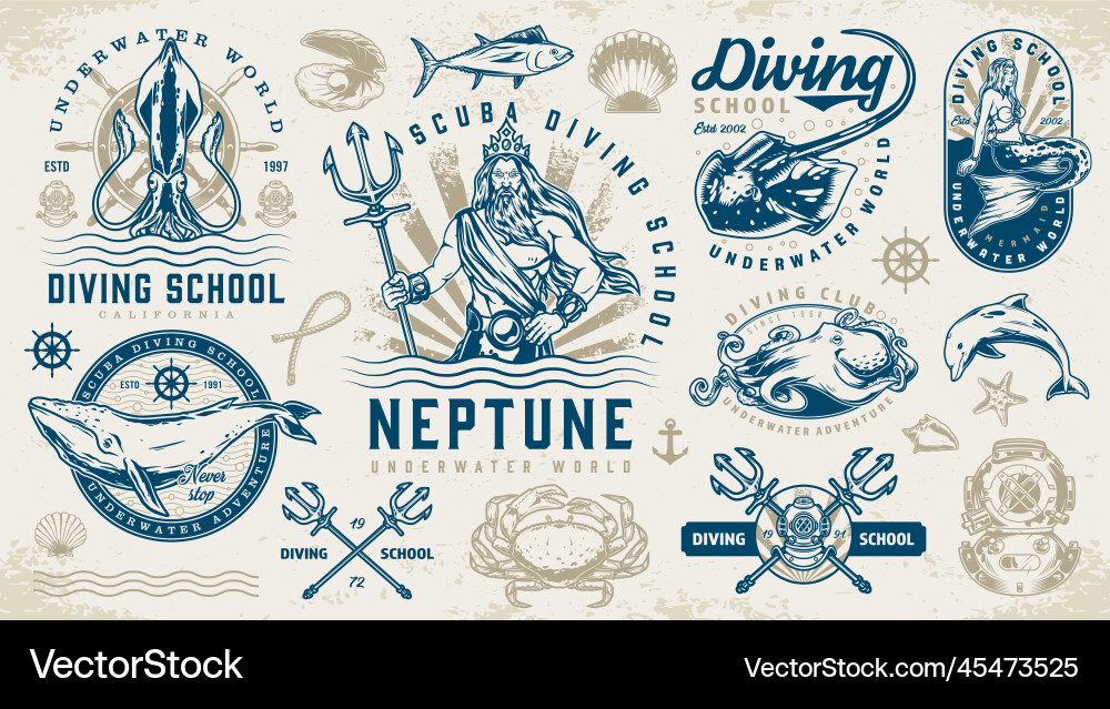 Diving school stickers set colorful Royalty Free Vector