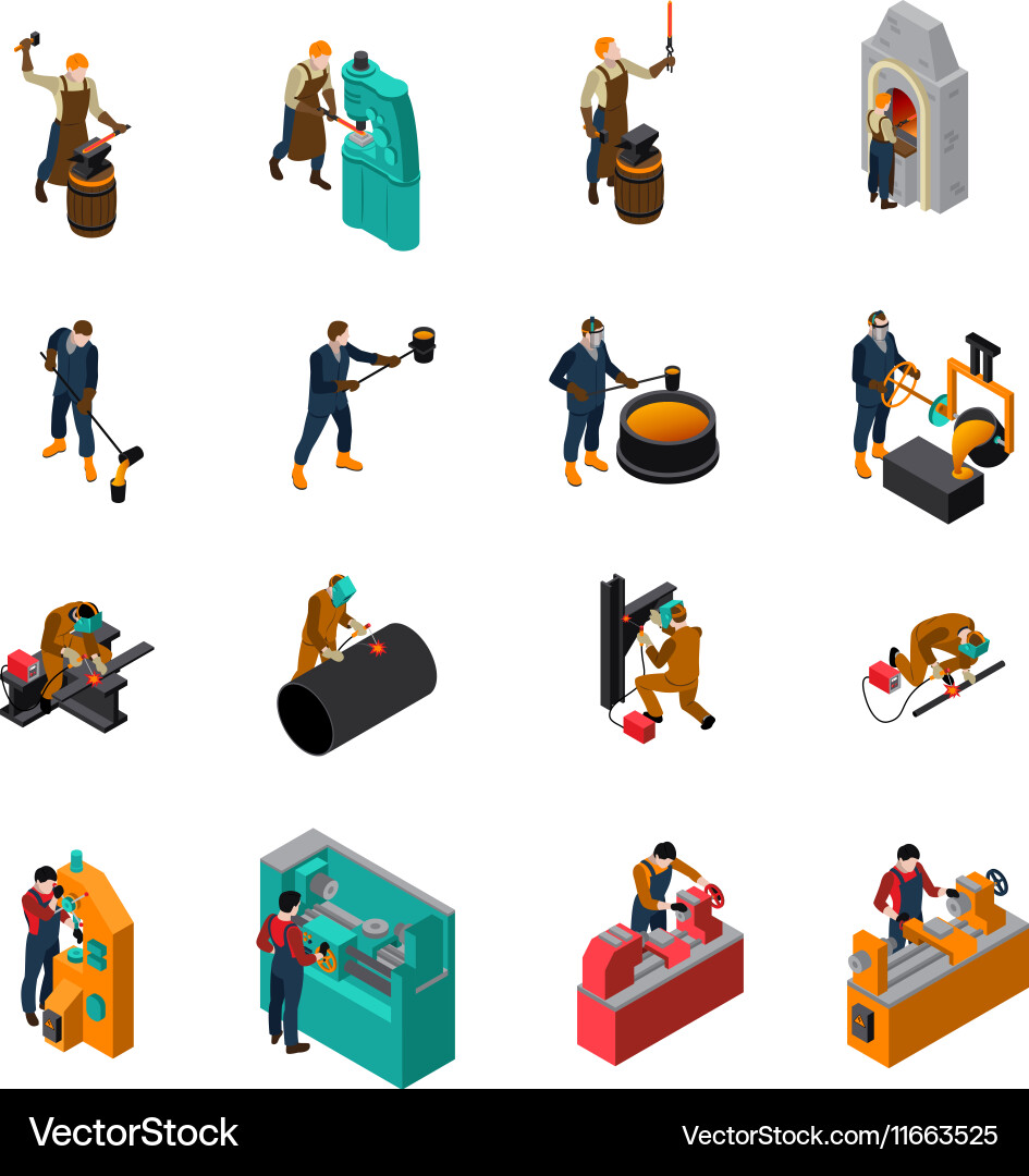 Metalworking tools machinery isometric icons Vector Image