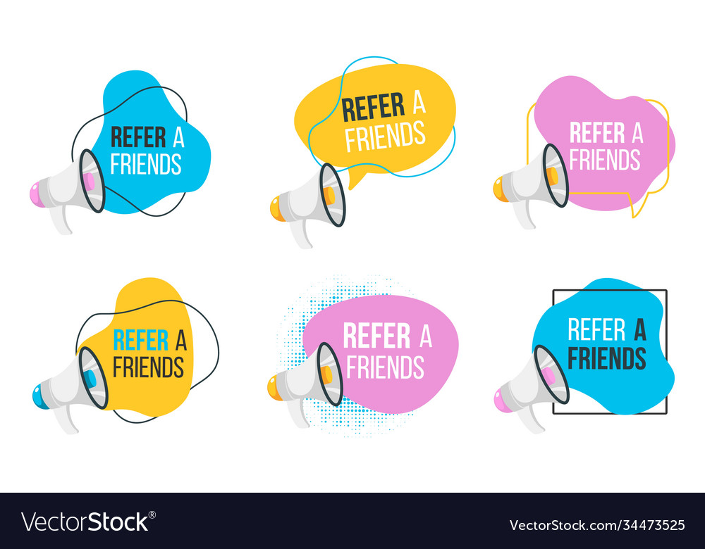 Refer friends badges with loudspeaker shop promo Vector Image