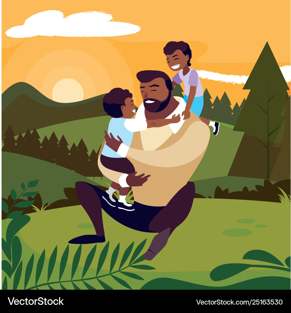 Afro father with sons characters in field Vector Image