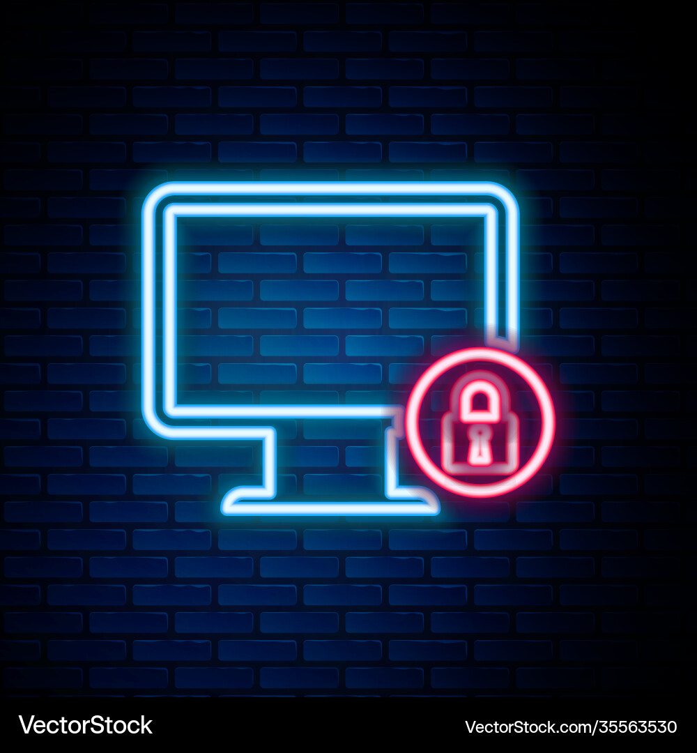 Glowing neon line lock on computer monitor screen Vector Image
