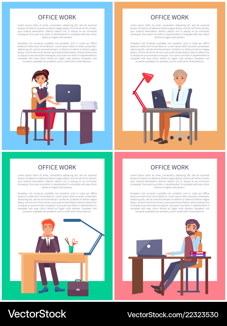 Office work posters set men women working tables Vector Image