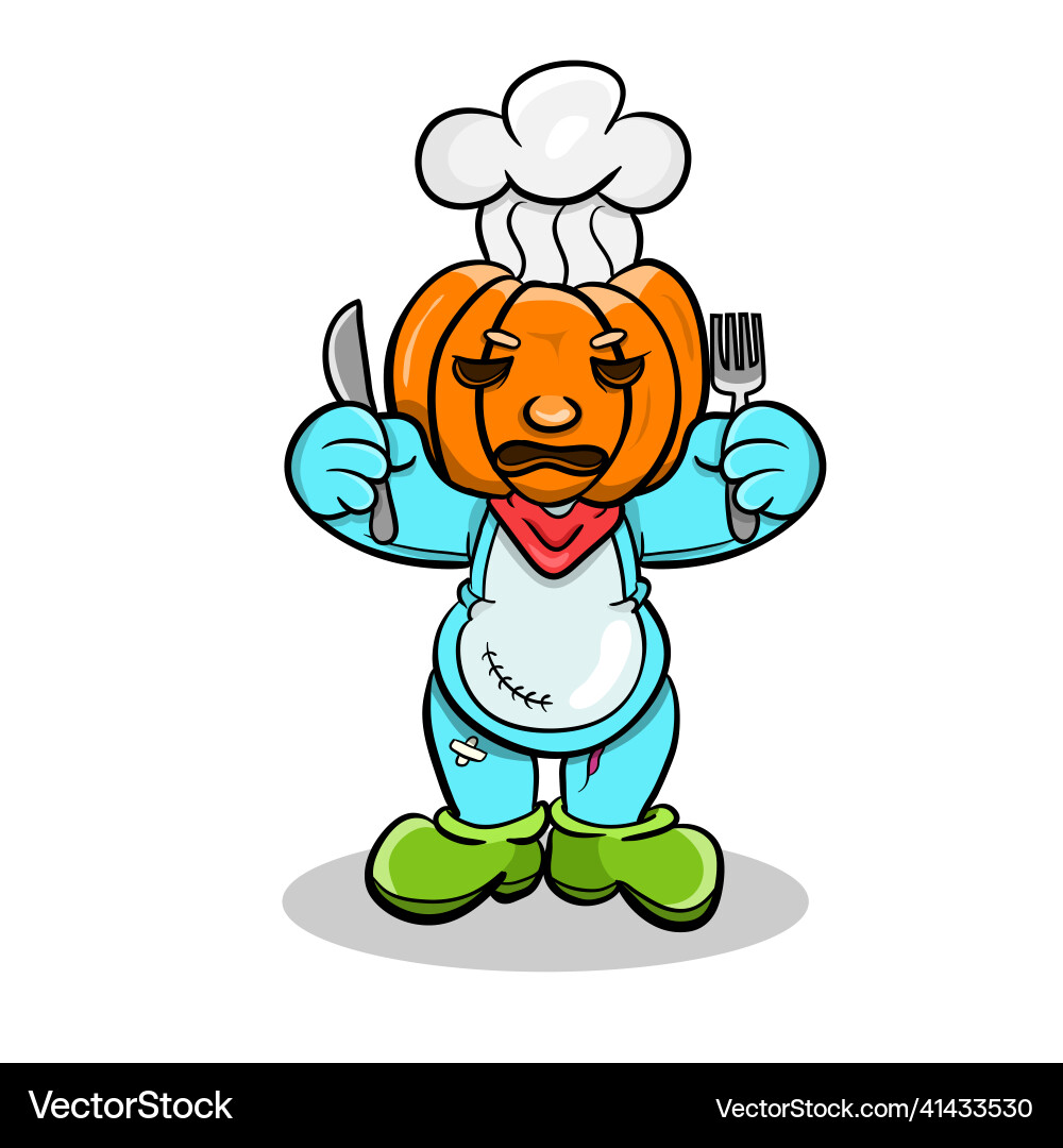 Pumpkin doll chef character with fork and knife Vector Image