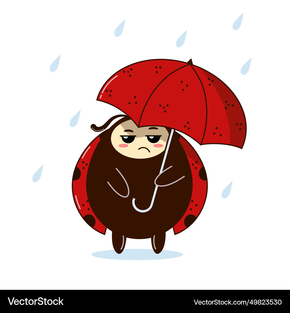 Sad ladybug with umbrella in the rain drawn Vector Image