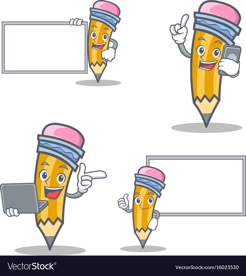 Set of pencil character with board phone laptop Vector Image