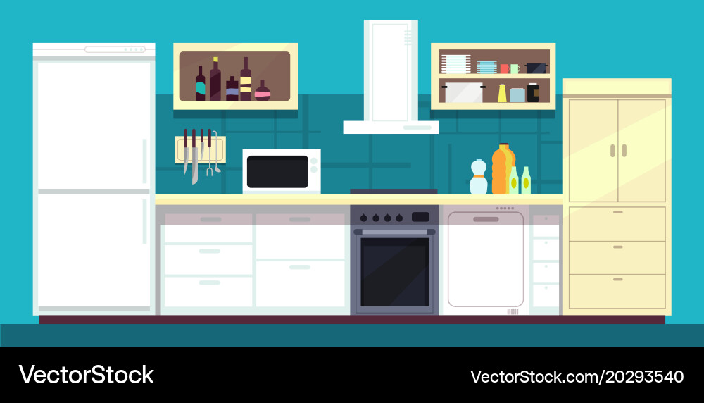 Cartoon kitchen interior with fridge oven and Vector Image