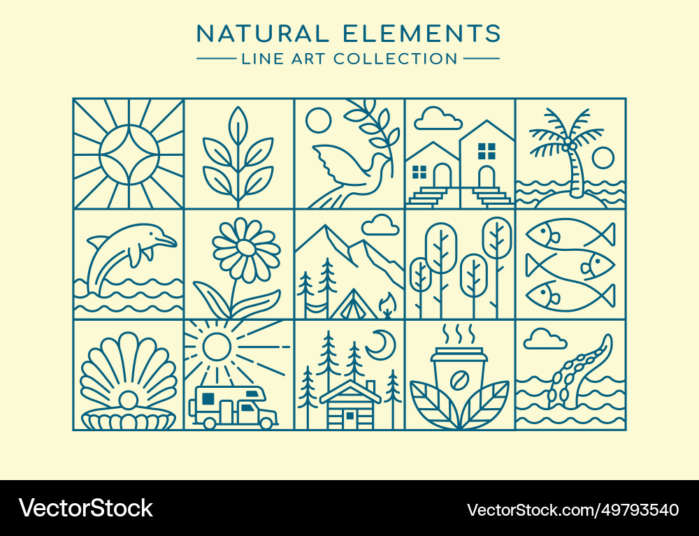 Line art of natural elements collection Royalty Free Vector