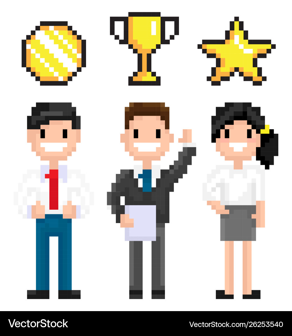 Pixel characters with trophy and awards victory Vector Image