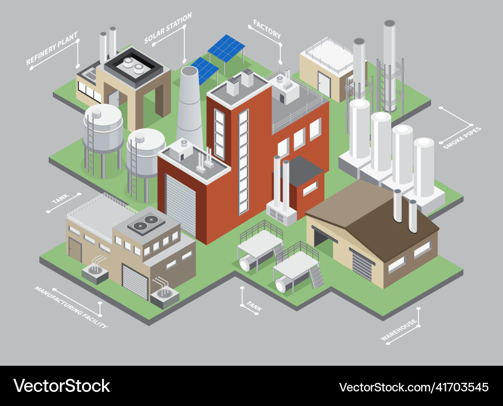 Industrial buildings isometric infographic set Vector Image