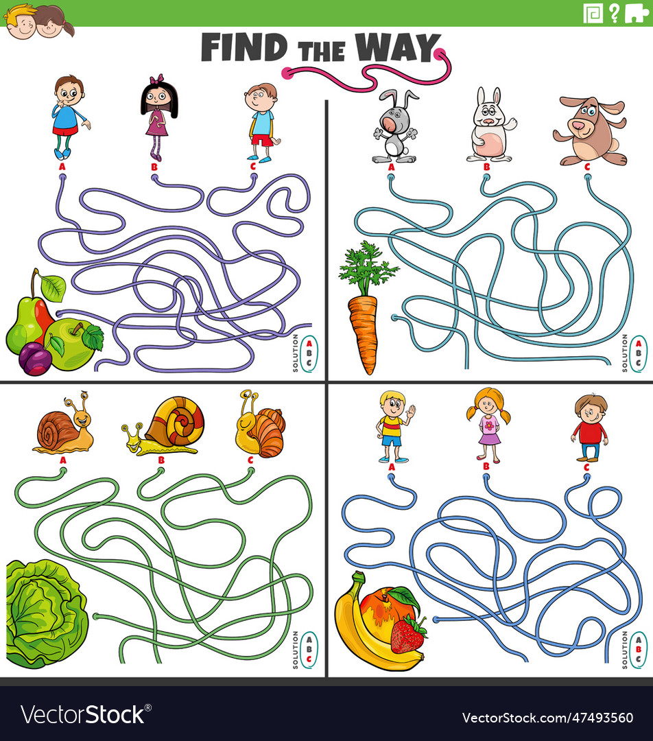 Find the way maze games set with children Vector Image