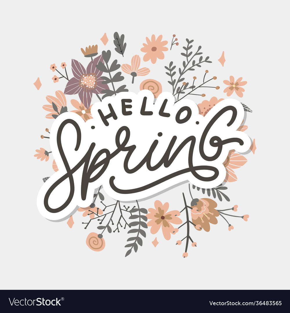 Hello spring flowers text background frame Vector Image