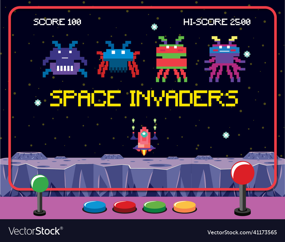 Pixel space game interface with invaders Vector Image
