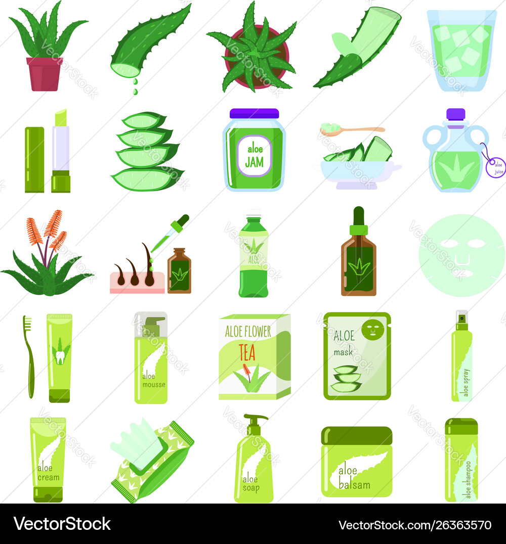 Aloe vera icons set flat style Royalty Free Vector Image