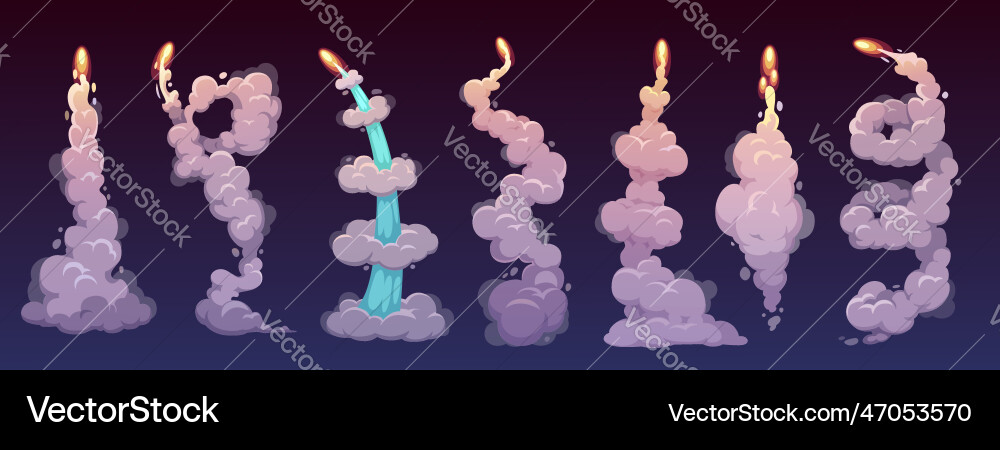 Cartoon rocket smoke trails with fire and clouds Vector Image