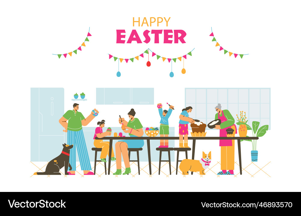 Easter banner with family decorating eggs flat Vector Image