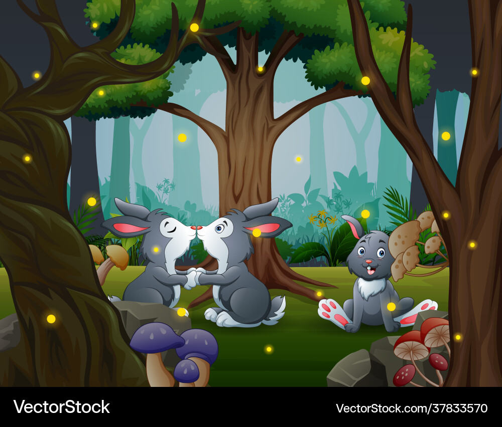 Funny three bunnies in park Royalty Free Vector Image