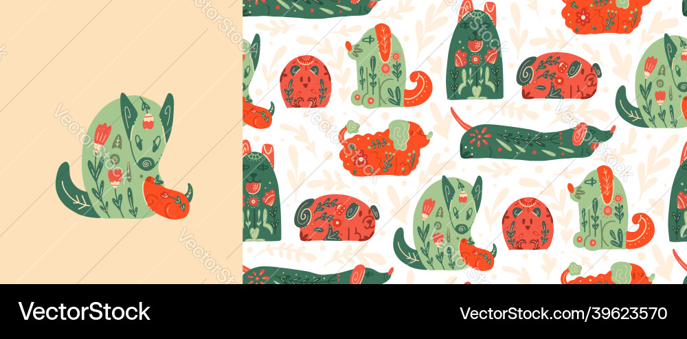 Set of card and seamless pattern with stylized Vector Image