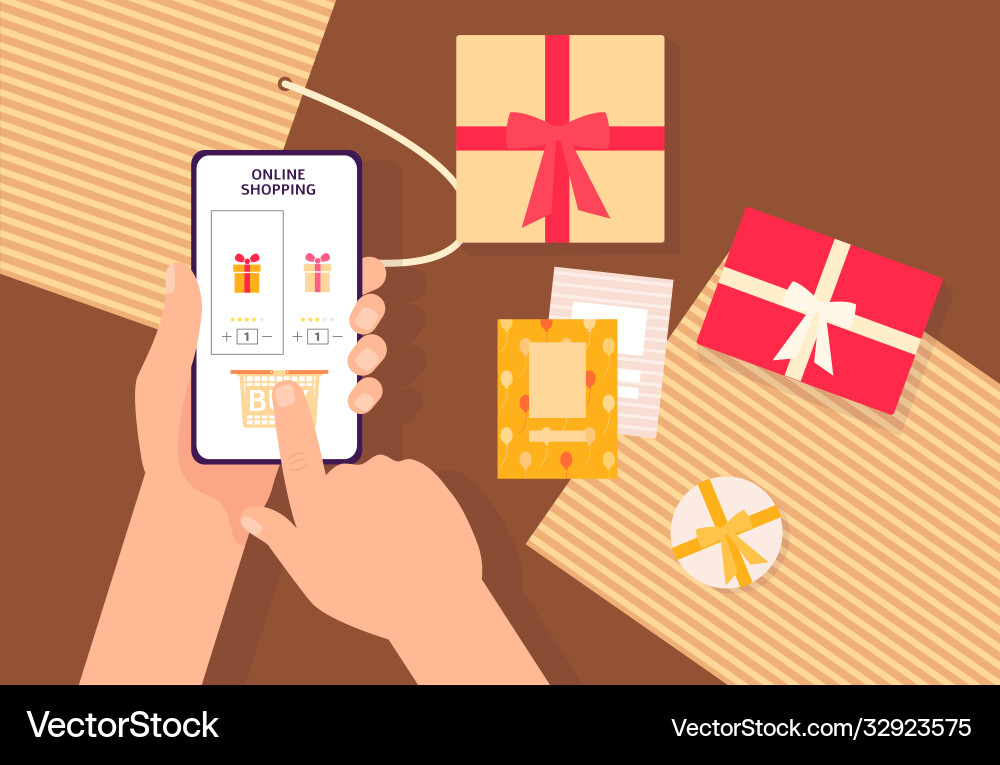 Online shopping app - hand pressing buy button Vector Image