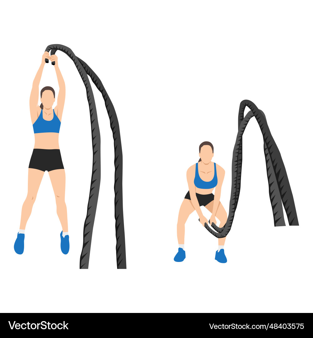 Woman doing battle rope double arm slams exercise Vector Image