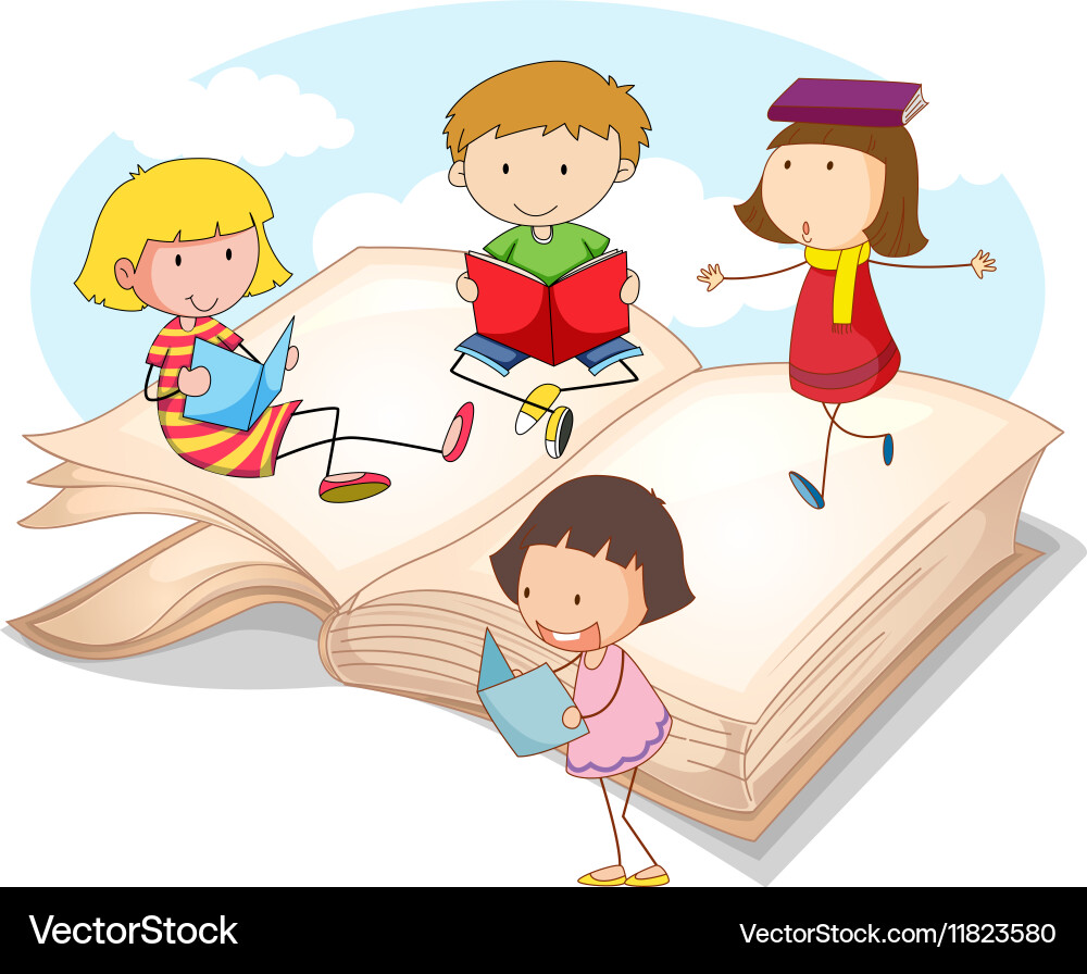 Many children reading books Royalty Free Vector Image