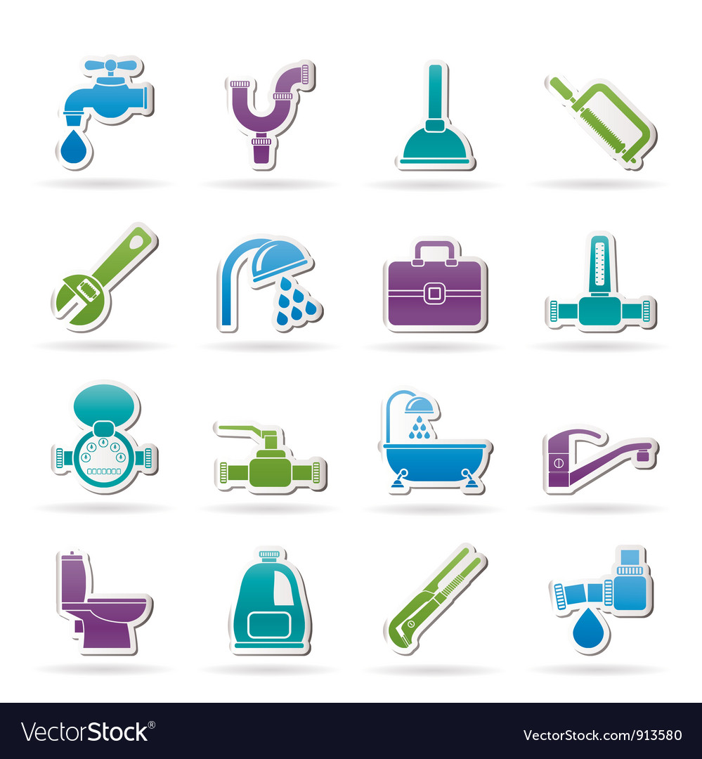Plumbing objects and tools icons Royalty Free Vector Image