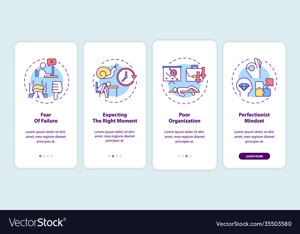 Procrastination reasons onboarding mobile app Vector Image
