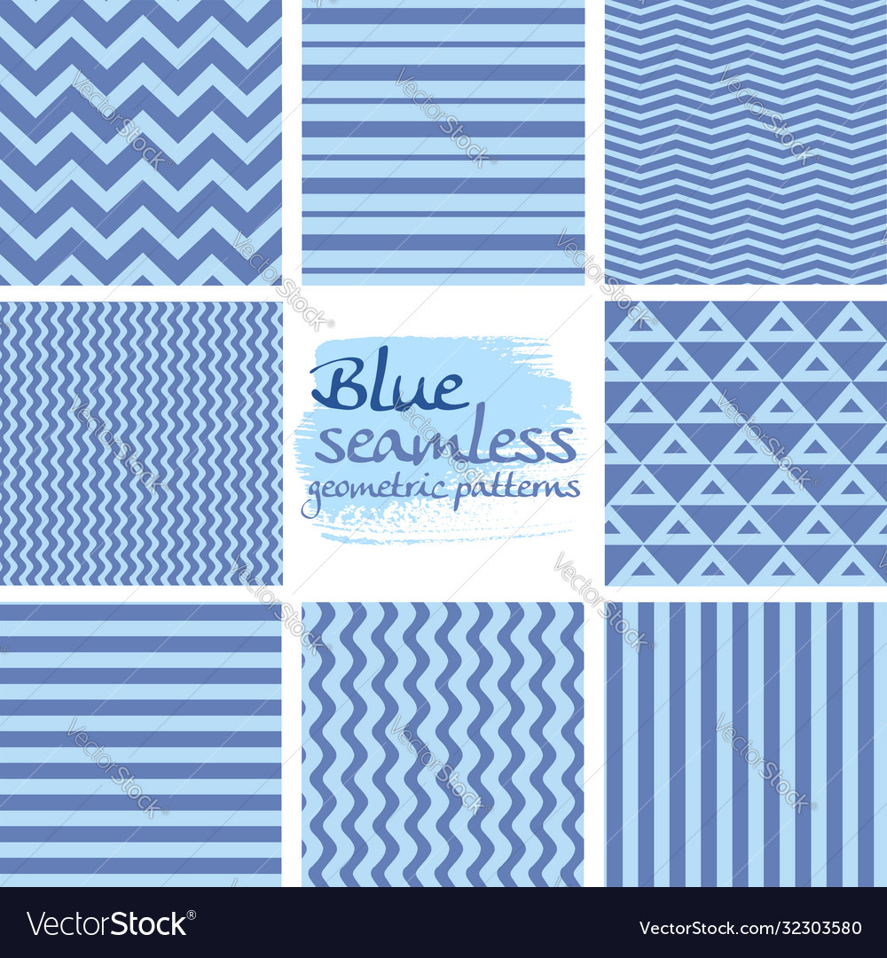 Set blue seamless geometric patterns on white 1 Vector Image