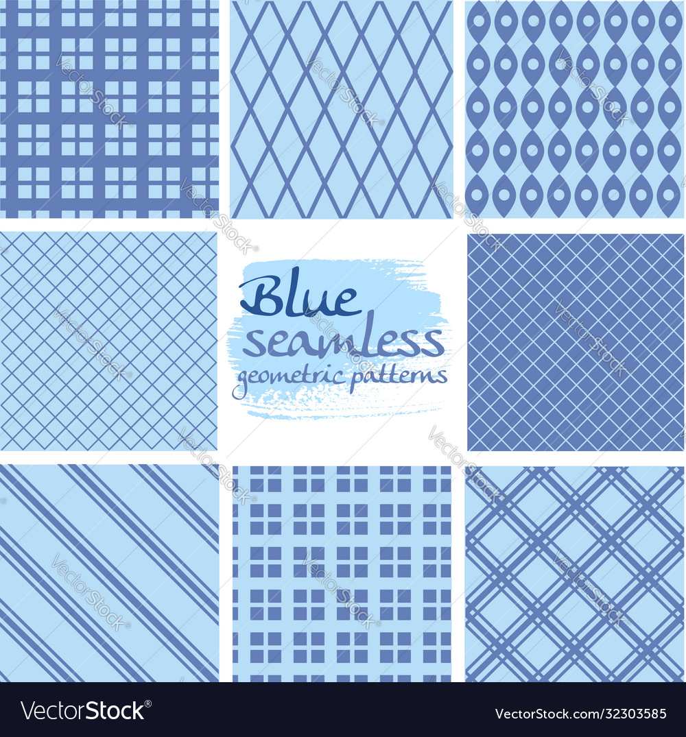 Set blue seamless geometric patterns on white 6 Vector Image