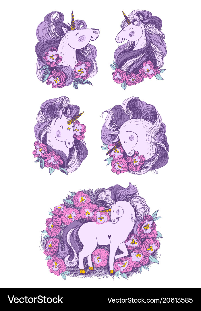 Unicorn with flowers set hand drawn Royalty Free Vector
