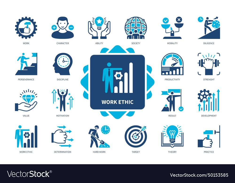 Work ethic solid icon set Royalty Free Vector Image