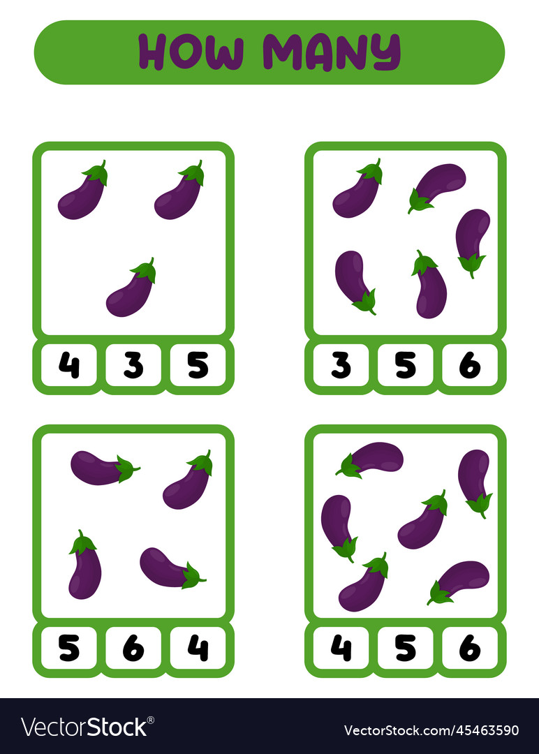 Count how many eggplants write down the answer Vector Image