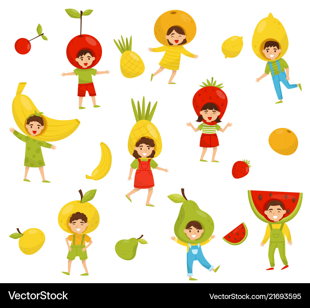 Flat set of children in different fruit Royalty Free Vector
