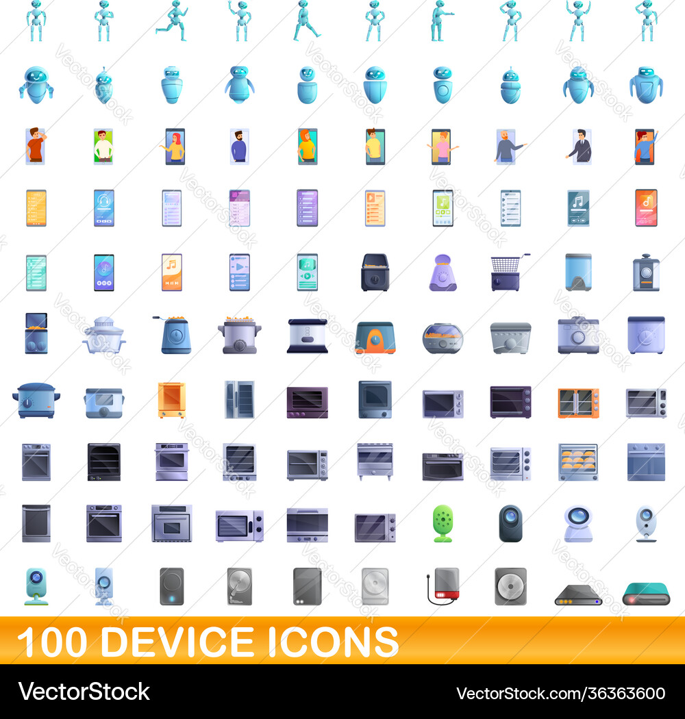 100 device icons set cartoon style Royalty Free Vector Image