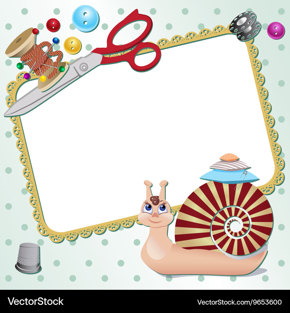 Frame with snail the seamstress with scissors a Vector Image