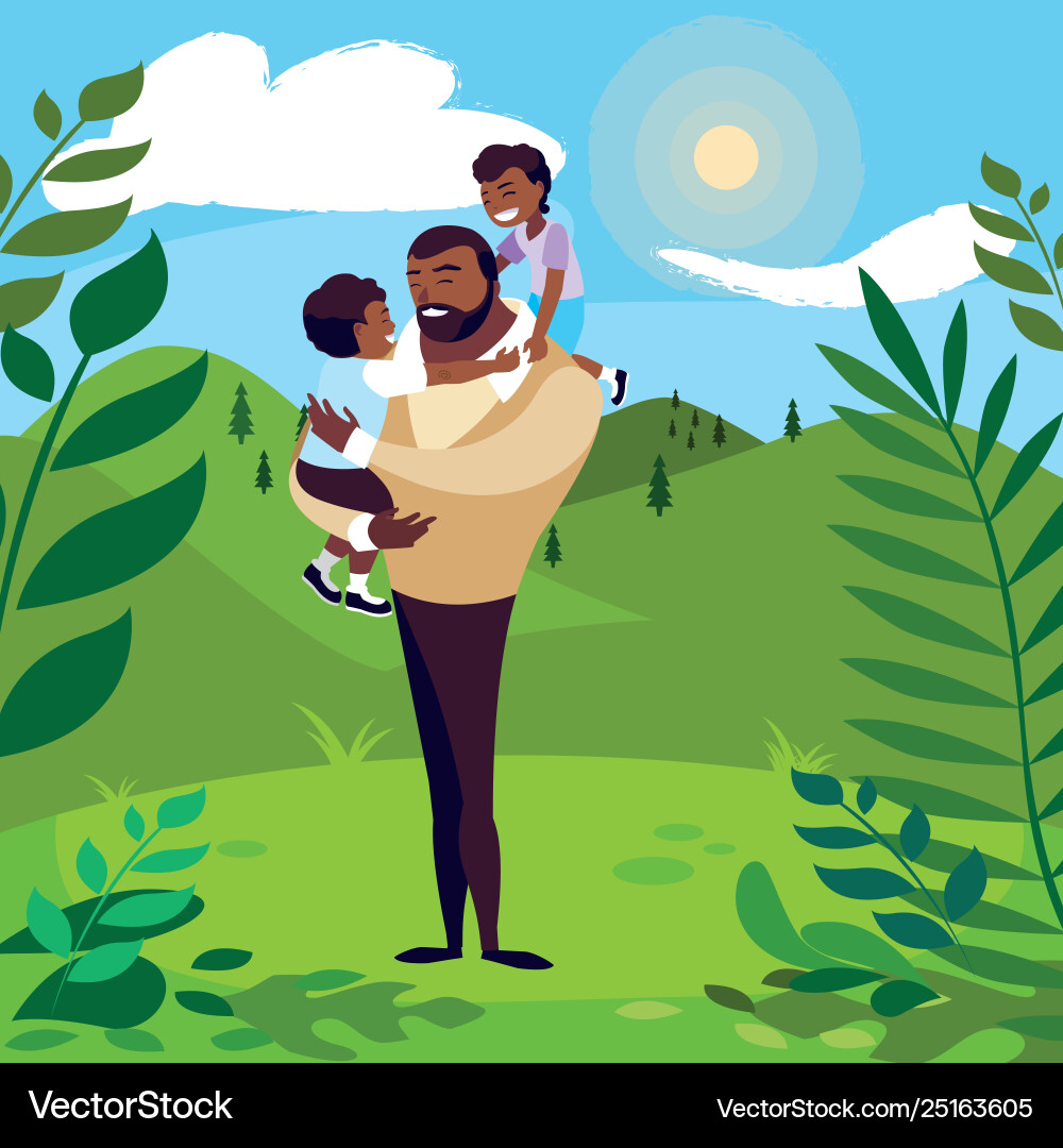 Afro father with sons characters in field Vector Image