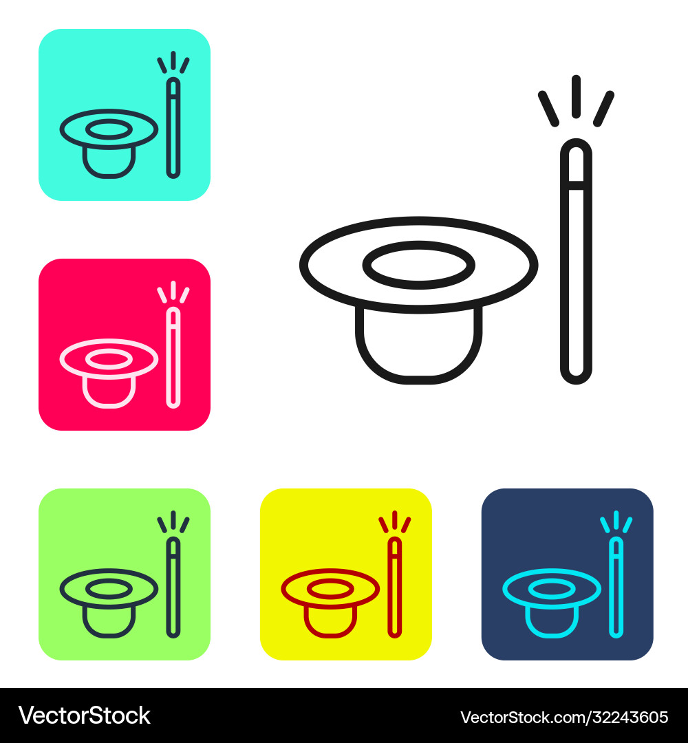Black line magic hat and wand icon isolated Vector Image