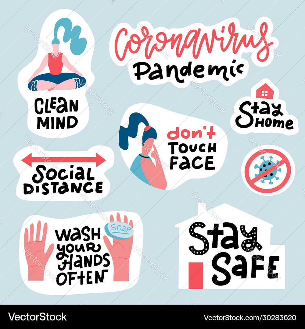Coronavirus covid19-19 prevention sticker set hand