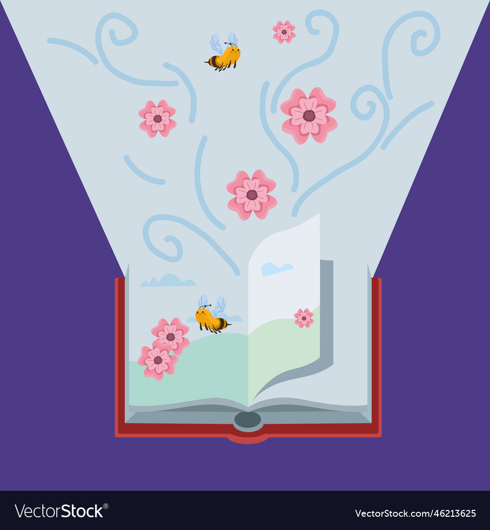Open book with bees and flowers Royalty Free Vector Image