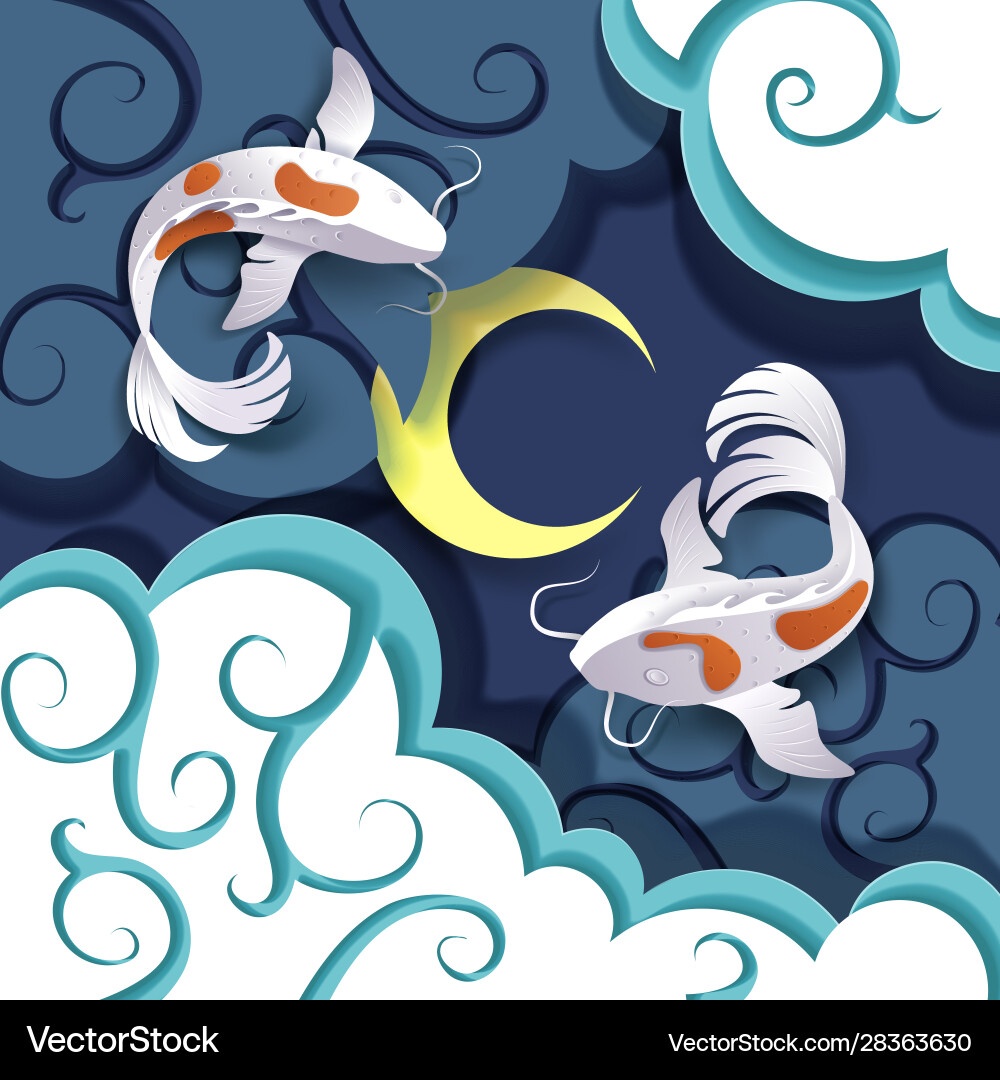 Dreaming catfish couple paper cut Royalty Free Vector Image