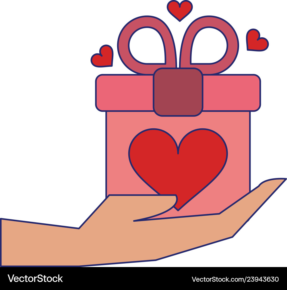 Hand with romantic gift box heart symbol blue Vector Image