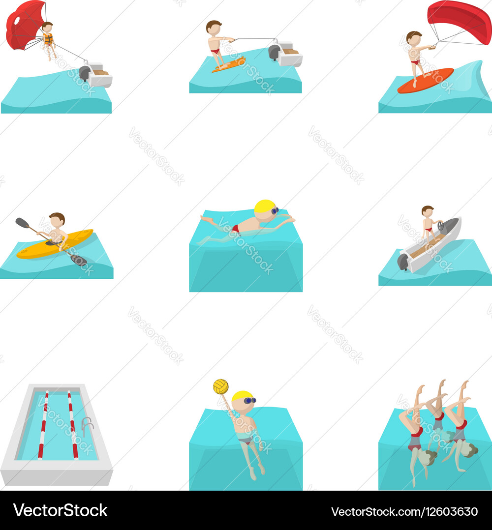 Water exercise icons set cartoon style Royalty Free Vector