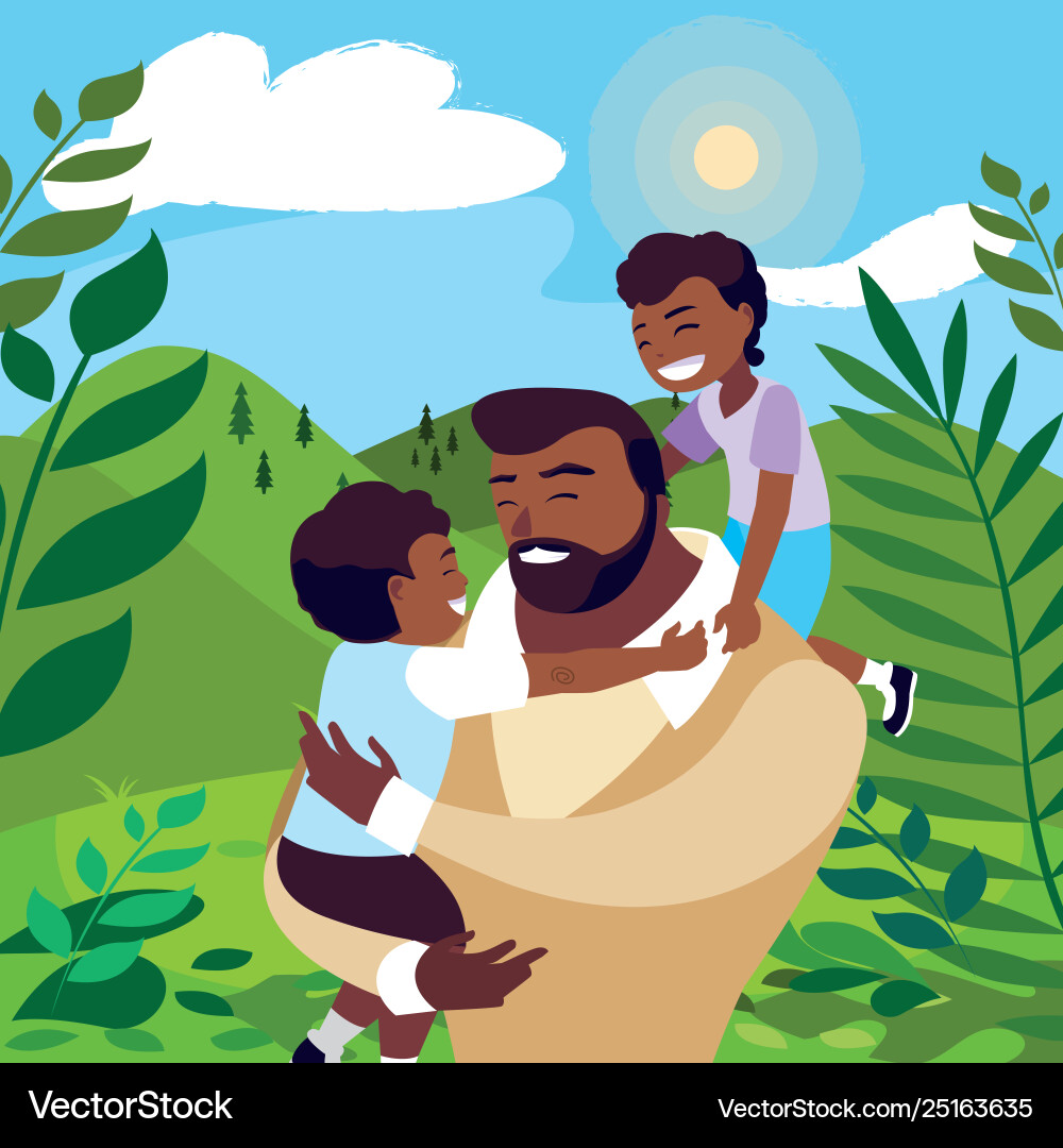 Afro father with sons characters in field Vector Image