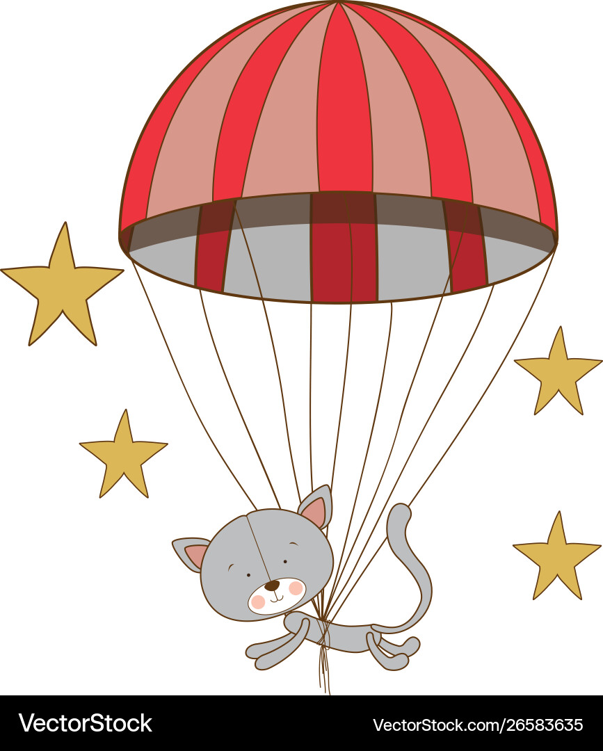Cute cat with parachute in white background Vector Image