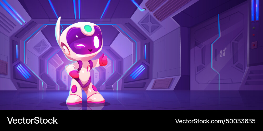 Cute robot astronaut standing in space ship hall Vector Image
