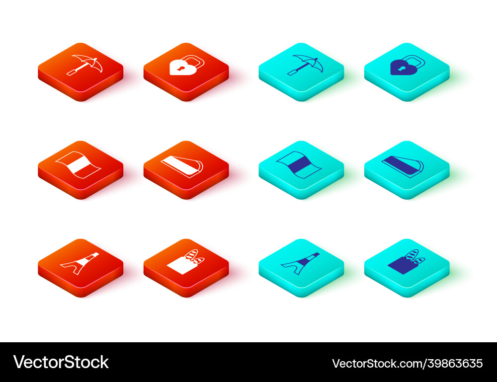 Set eiffel tower french baguette bread flag Vector Image