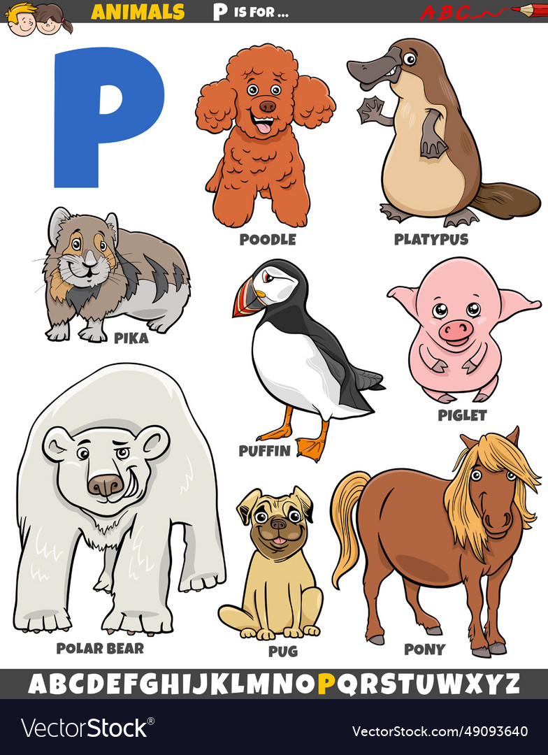 Cartoon animal characters for letter p Royalty Free Vector