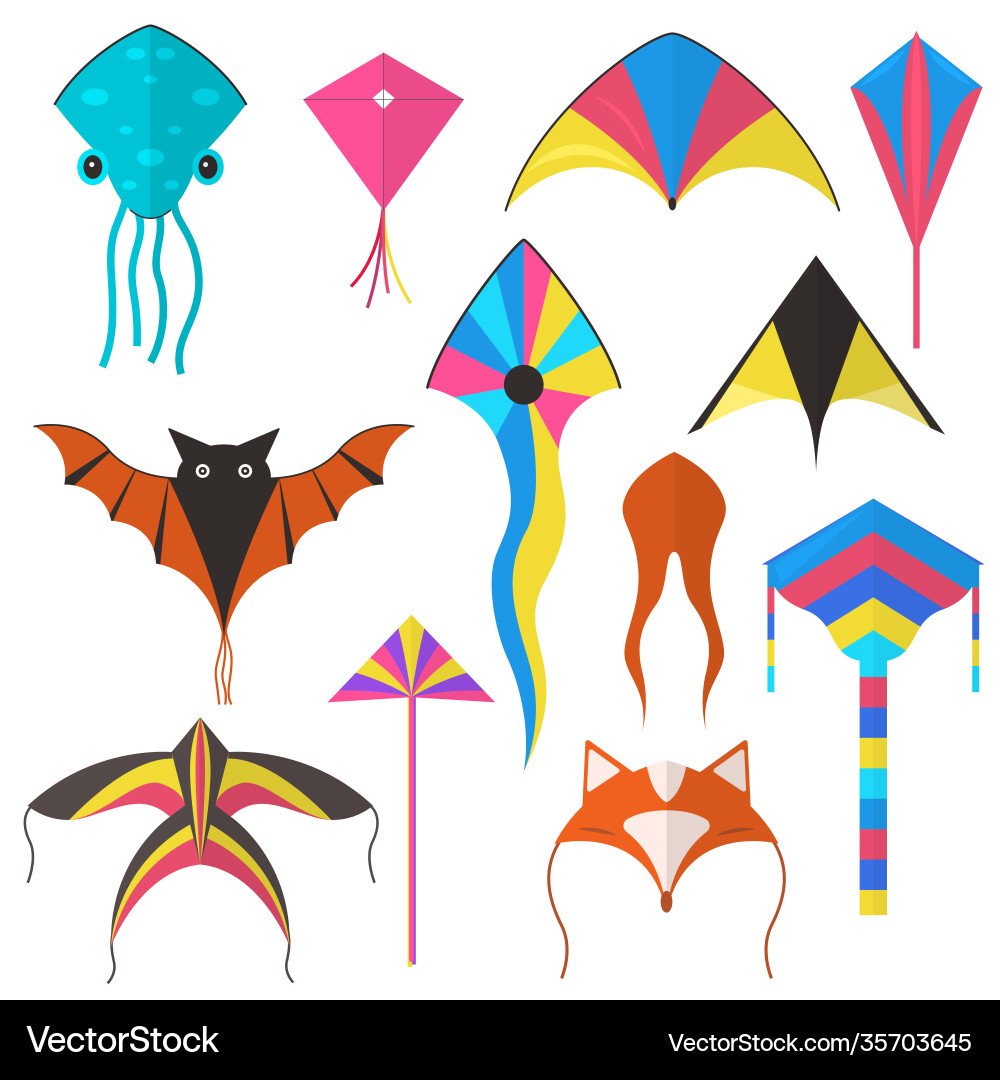 Cartoon color flying kite icon set Royalty Free Vector Image