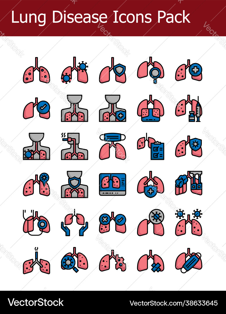 Filled outline lung disease icons pack Royalty Free Vector