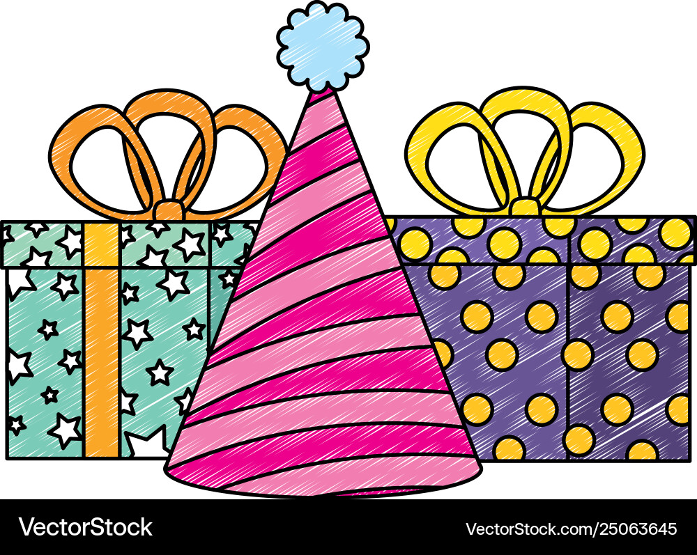 Gifts boxes presents with hat party Royalty Free Vector