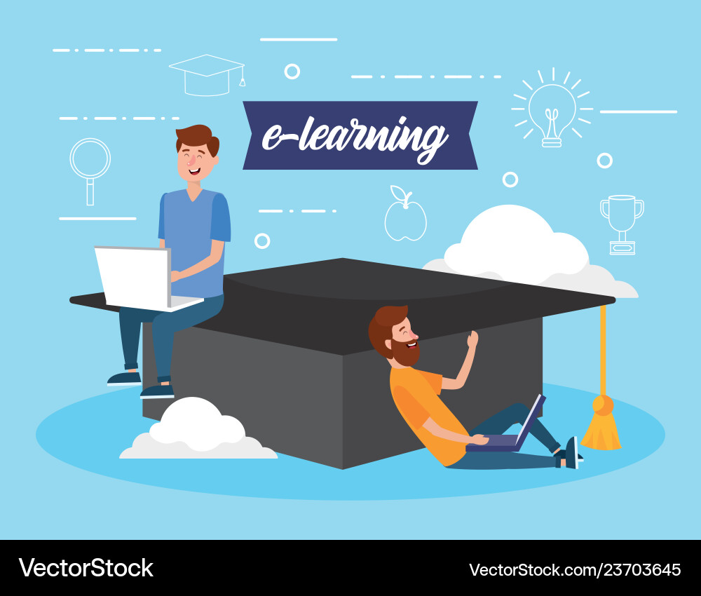 Men with laptop technology and graduation cap Vector Image